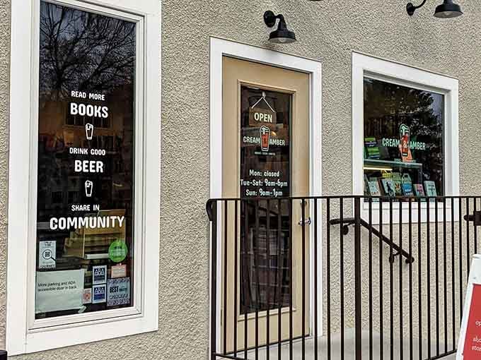 The window says it all: books, beer, and community. Honestly, what else do you need?