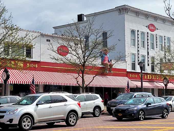 Those red and white striped awnings on Main Street aren't just cheerful, they're practically a standing invitation.