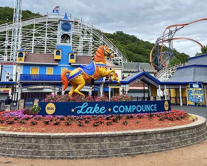 Where history meets horsepower: Lake Compounce's iconic entrance has been welcoming thrill-seekers since before your grandparents were born.