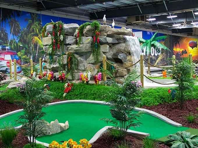 A waterfall, tropical blooms, and a seagull on a rock, miniature golf never looked this luxurious.