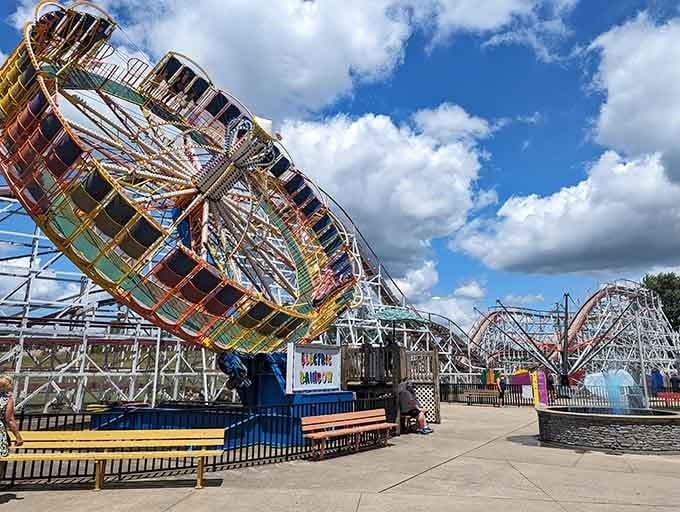 The Electric Rainbow and wooden coaster standing side by side, proof that classics never go out of style.