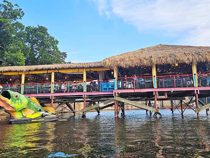 Perched over Lake Austin on wooden stilts, the Hula Hut looks like it floated in straight from Maui.