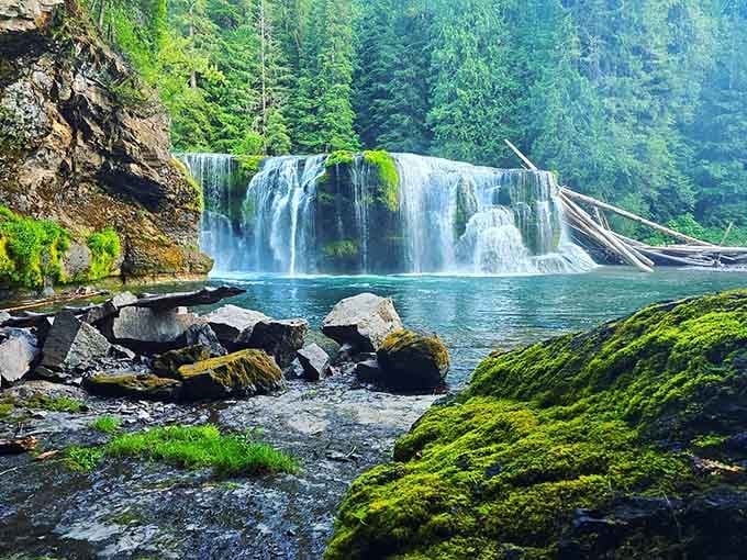 Moss-covered rocks and turquoise water create a scene so pristine you'll forget your phone exists for approximately three seconds.