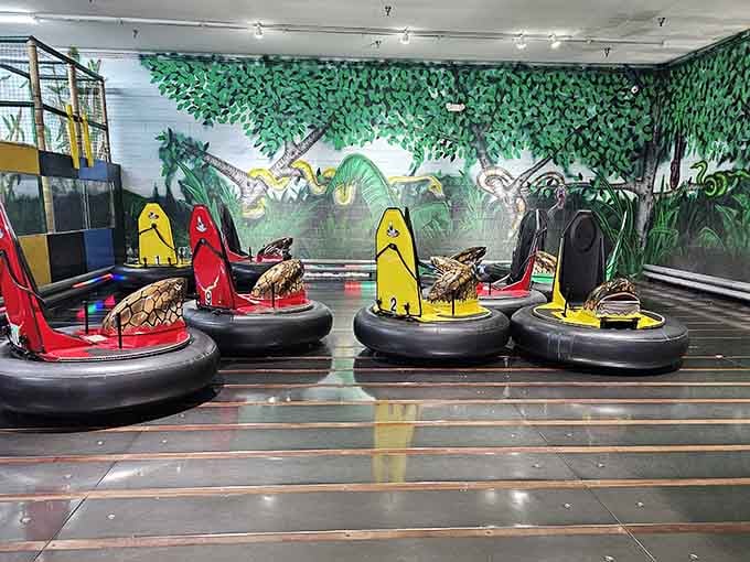 Snake-adorned bumper cars parked beneath a lush jungle mural make this the most wildly themed ride you'll ever take.