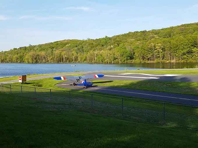 A blue glider sits runway-ready at Aeroflex Lake, proving New Jersey has been holding out on you.