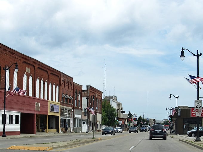 American flags line the brick-faced main drag of Marinette, where small-town pride runs as deep as the Menominee River nearby.