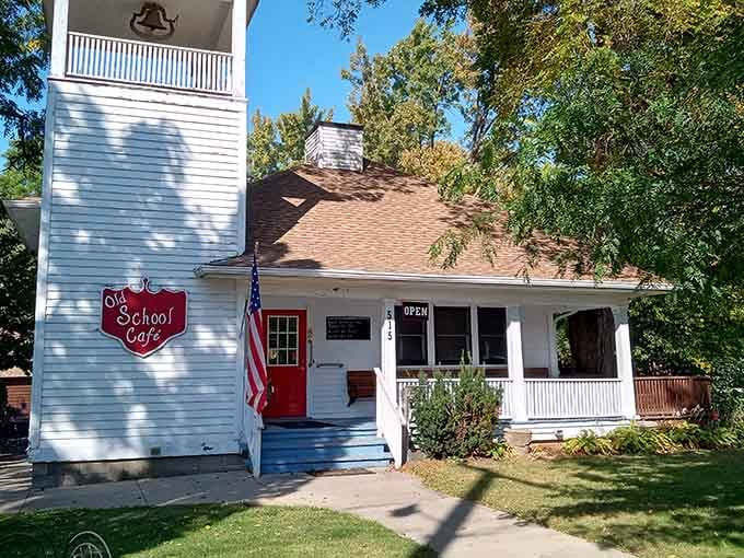 That bell tower isn't ringing for school anymore. It's calling you to breakfast at Old School Cafe, Mantorville.