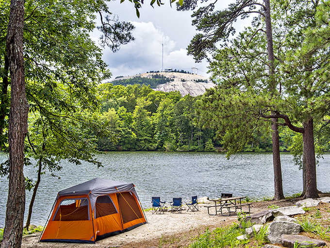 When your tent gets a front-row seat to Georgia's most famous rock, you've officially won camping.