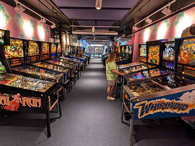 Row after row of glowing pinball machines in Roanoke, Virginia, each one a time machine waiting to transport you back.