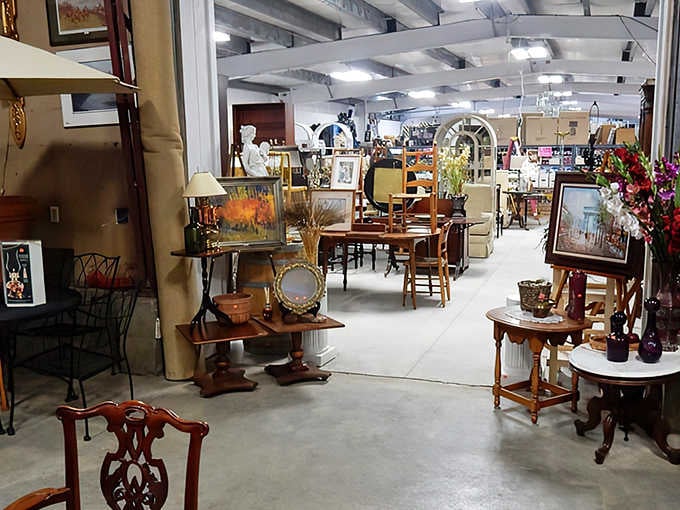 Lamps, paintings, and side tables stretch endlessly at the Bethlehem Indoor Flea Market.