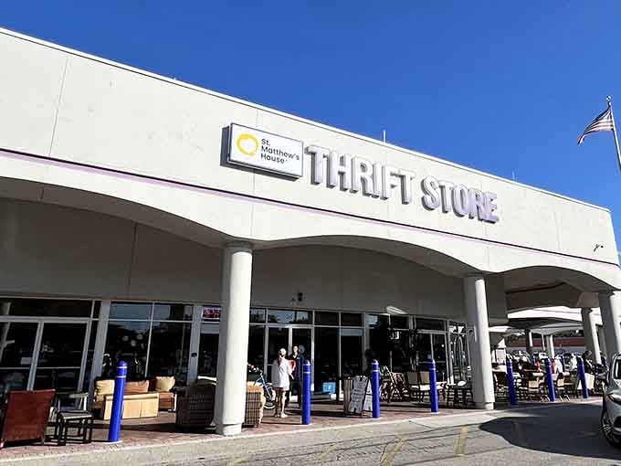 That covered entrance and pristine facade prove this isn't your grandmother's dusty thrift shop anymore.