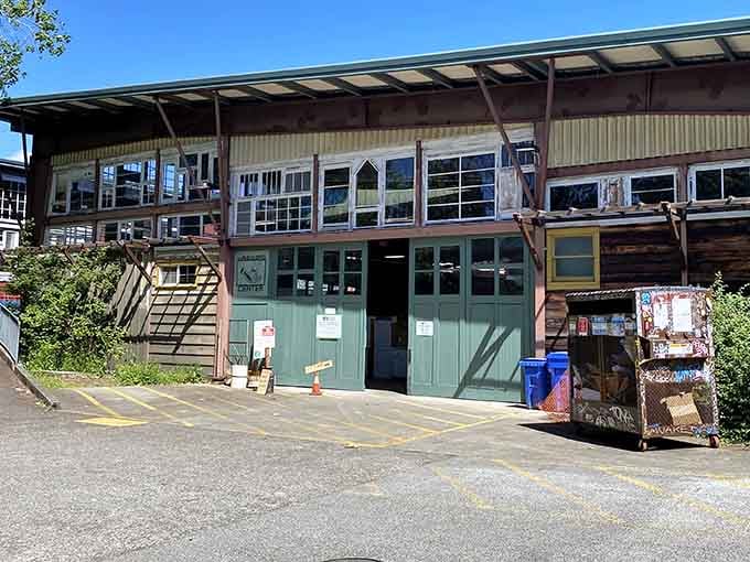 The ReBuilding Center's iconic green garage doors in Portland's St. Johns neighborhood, where great salvage adventures begin.