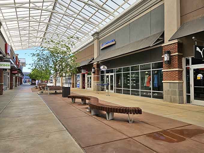 Wide walkways and covered sections make this outdoor shopping center a comfortable year-round destination for bargain hunters.