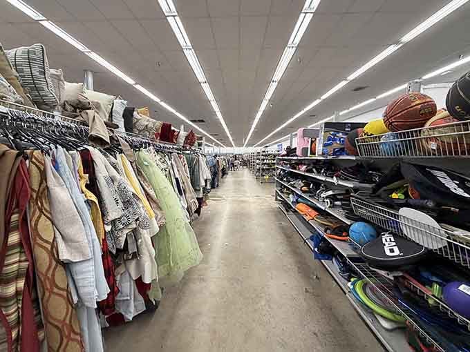 Aisles stretching into the distance, packed with clothing and sports gear &mdash; this is thrift shopping on a grand scale.
