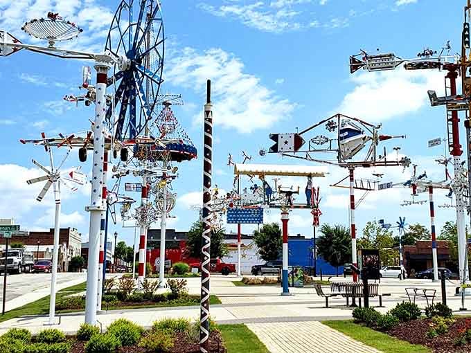 Thirty massive wind-powered sculptures made from scrap metal, spinning freely in the Wilson, North Carolina sky.