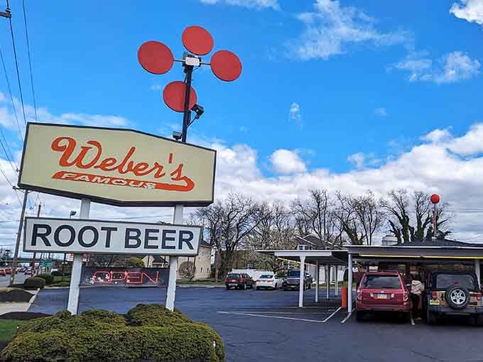 That retro sign with bold red circles against a bright blue sky is basically New Jersey's version of a bat signal.