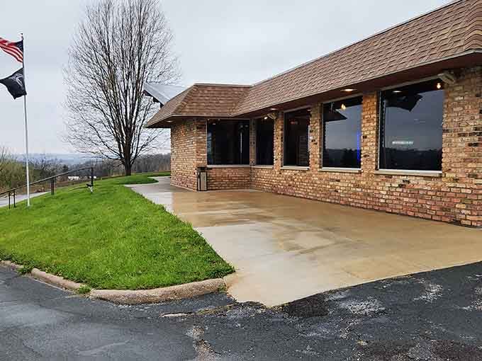 Brick walls, big windows, and a hilltop view that makes every meal feel like a special occasion.