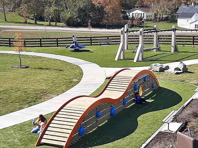 That wave-shaped climbing bridge is basically a masterpiece of outdoor engineering wrapped in pure childhood joy.