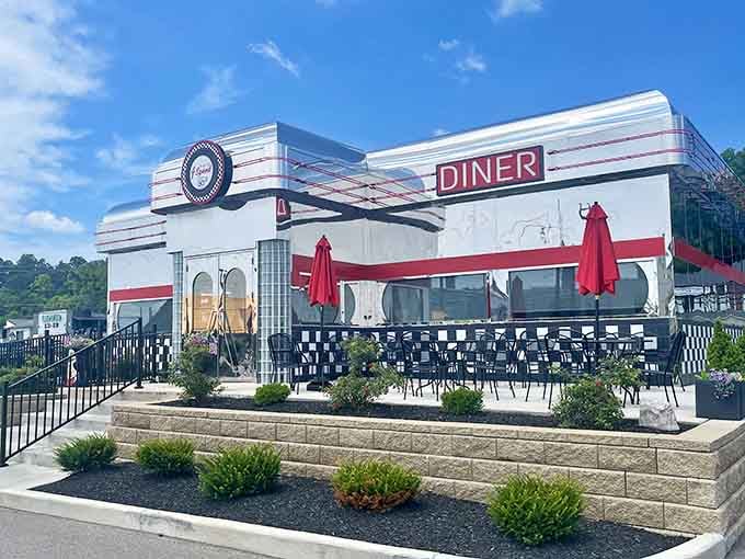 Chrome, red stripes, and pure American charm. This diner exterior means serious business, Lawrenceburg style.