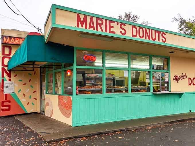 That turquoise trim isn't trying to be retro, it just is, like a perfectly preserved time capsule of donut excellence.