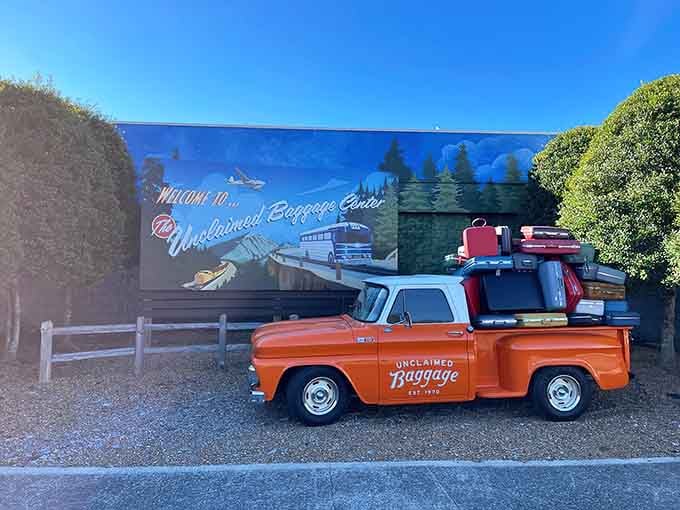 That cheerful orange truck out front says it all: every bag here has a story worth telling.