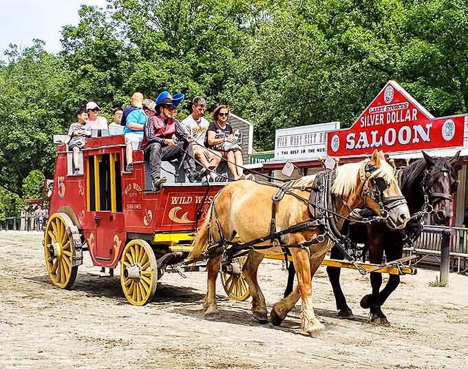That red stagecoach isn't going to ride itself, pardner. Hop on and hold tight.
