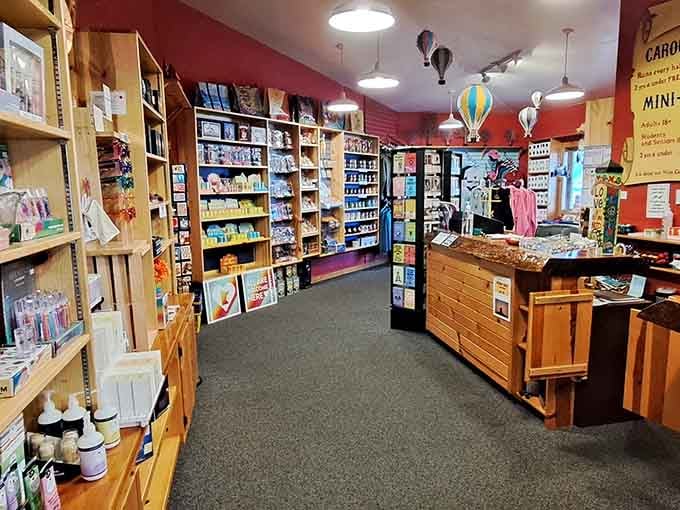 Hot air balloons float overhead while wooden shelves overflow with possibilities, proving retail therapy actually works sometimes.