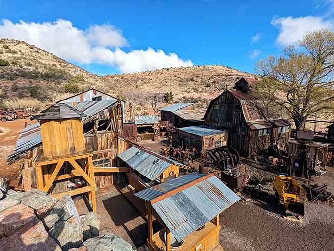Weathered wood, rusted metal, and mountain views create the perfect backdrop for your gold rush fantasy adventure.