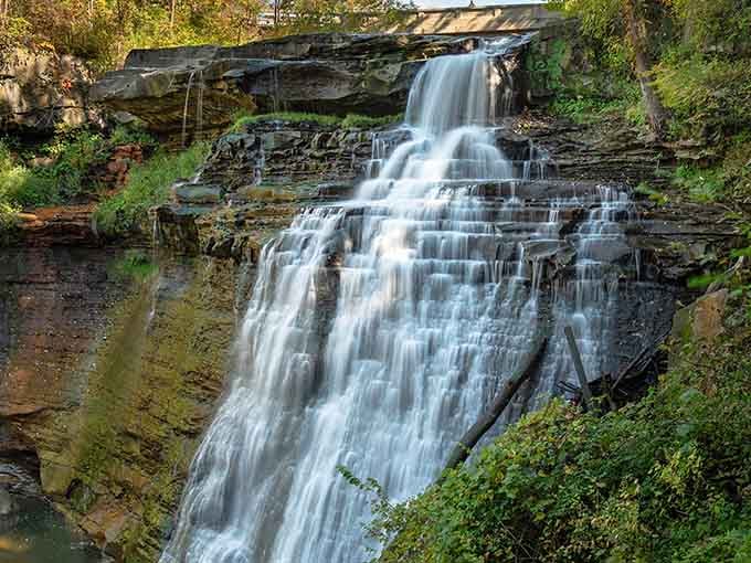 Sixty-five feet of pure Ohio magic, cascading over ancient rock like nature's own standing ovation.