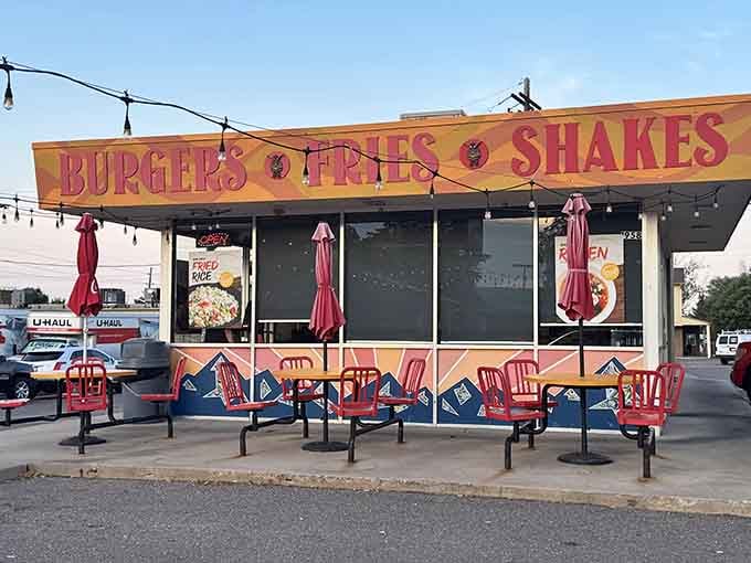 Bold colors, mountain murals, and string lights. Big Sky Burger's exterior tells you exactly what kind of meal awaits inside.