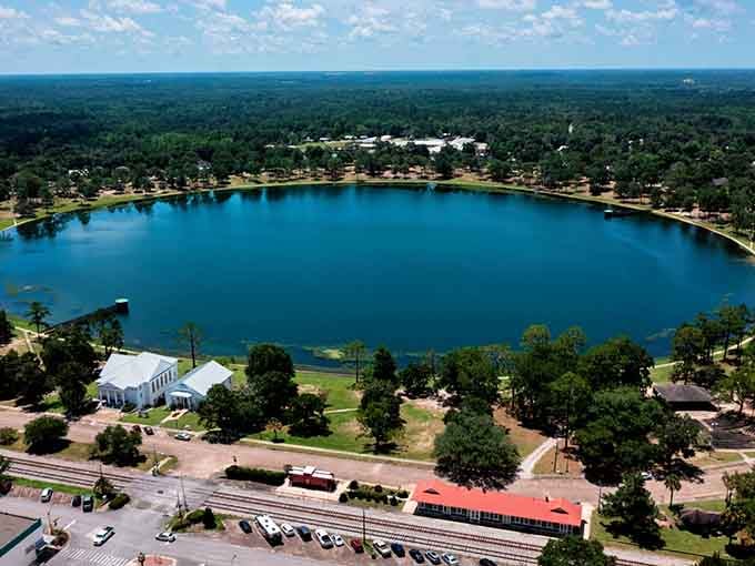 From up here, that perfectly round lake looks like nature drew it with a ruler. Spoiler: it didn't need one.