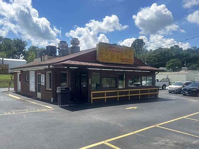 That classic brick-and-yellow combo hits different when you know there's a cheeseburger waiting inside with your name on it.