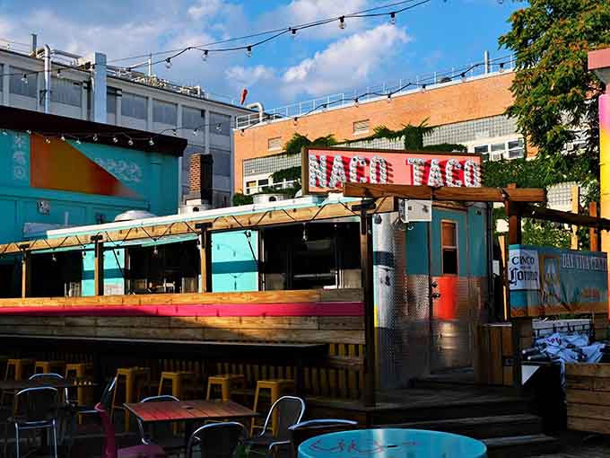 That turquoise exterior isn't subtle, and honestly, it shouldn't be. Naco Taco announces itself like a party you actually want to attend.