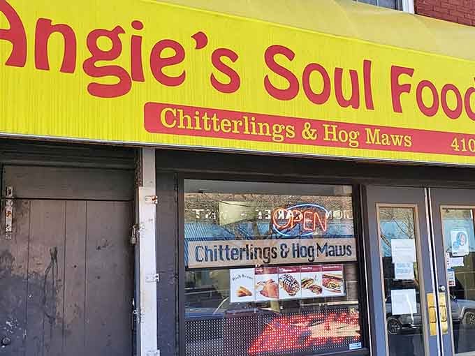 That bright yellow sign isn't shy, and neither is the soul food waiting inside Angie's.