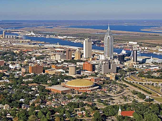 From above, you can see how Mobile sprawls between the bay and history, a port city still doing its thing.