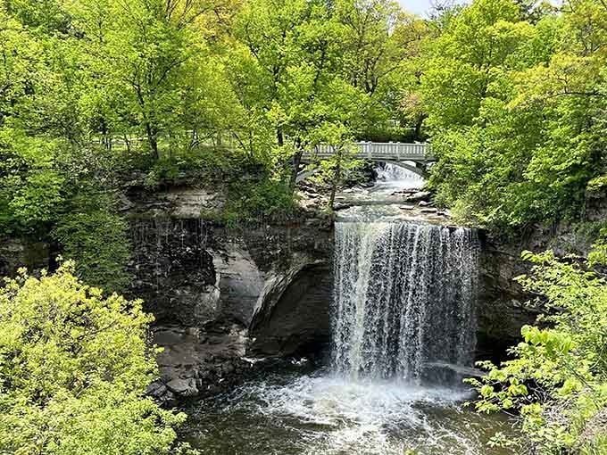 Listen to the soothing sounds of the rushing waterfall framed perfectly by lush green trees and a charming footbridge above.