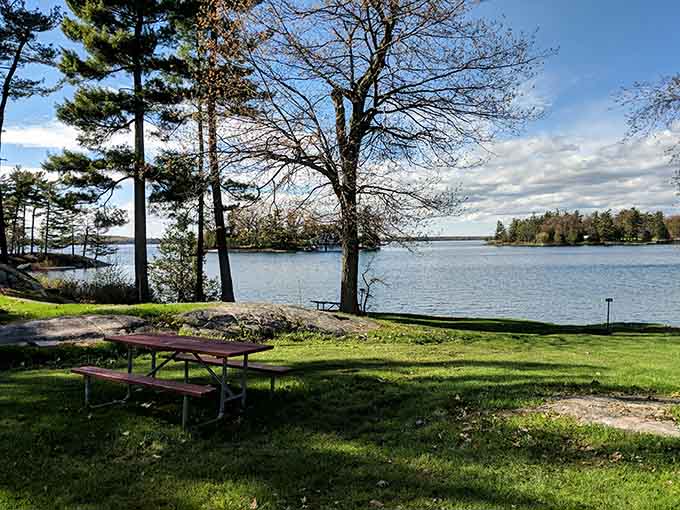 That picnic table isn't just furniture, it's a front-row seat to one of New York's most breathtaking river views.