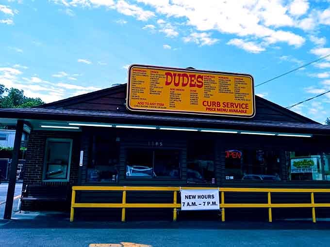 That classic brick-and-yellow combo hits different when you know there's a cheeseburger waiting inside with your name on it.