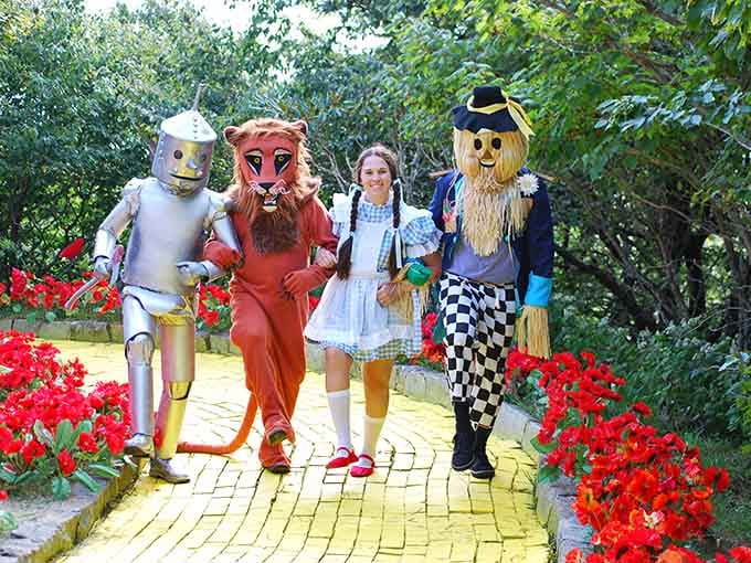 Dorothy, the Lion, the Tin Man, and the Scarecrow walking the yellow brick road together, just like the movie but better, because it's real.