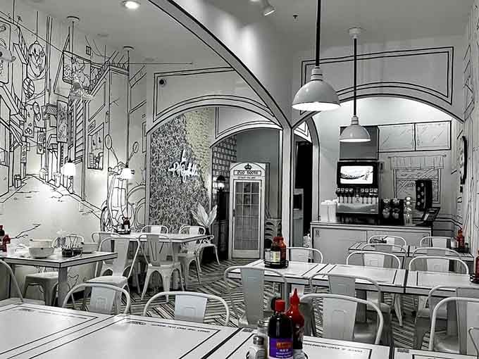 Walking into this place feels like stepping through the looking glass into a hand-drawn wonderland of noodles.