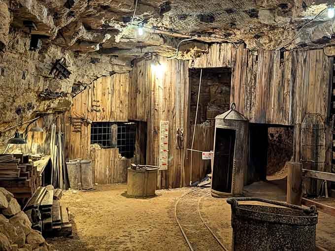 Dim bulbs, raw timber, and cool underground air — this 19th-century mine chamber is the real deal.