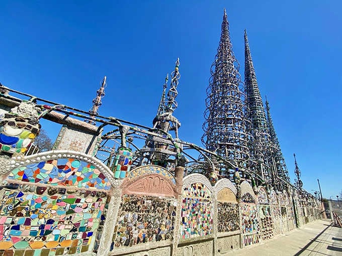 Seventeen hand-built structures rising from a South LA neighborhood, proof that one person's junk truly becomes the world's treasure.