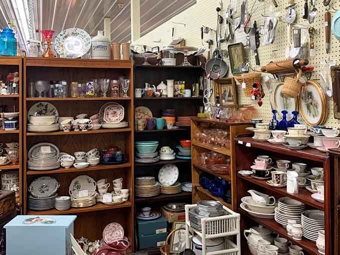 Vintage china, colorful bowls, and old kitchen tools packed together like a delicious time capsule.