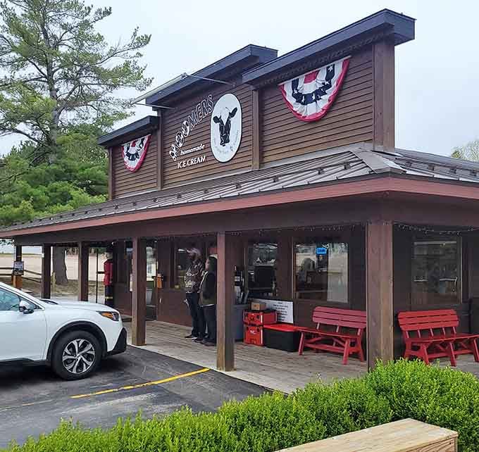 Those red benches aren't just pretty. They're where great ice cream memories get made at Moomers.
