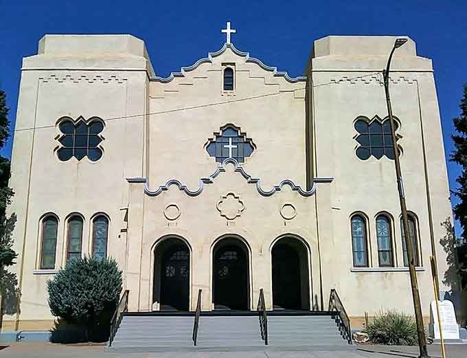 Sacred Heart Catholic Church's ornate facade blends Spanish mission style with Colorado sunshine in the most quietly stunning way.