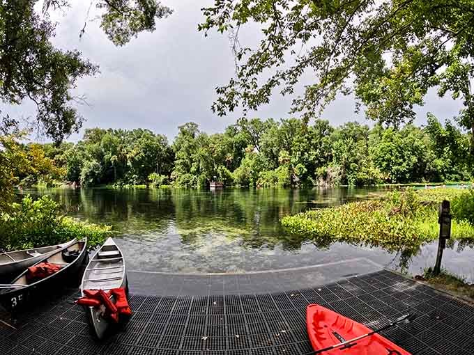 Canoes lined up and ready, the spring shimmering beyond the dock. Your adventure is literally waiting right there.