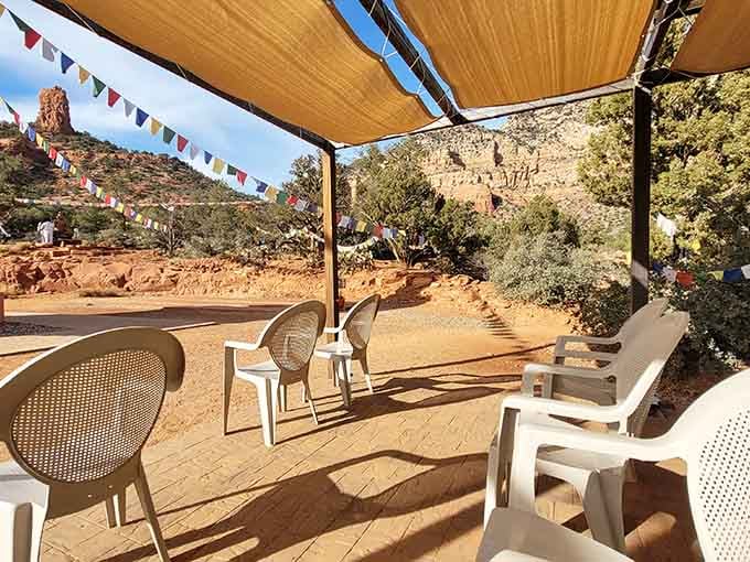 A shaded seating area provides respite from the Arizona sun while you soak in those incredible views.