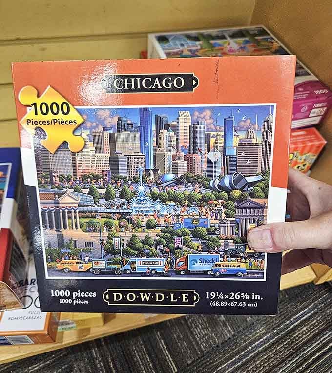 A 1,000-piece Chicago puzzle spotted in the wild, proof that one person's rainy Sunday project becomes another's treasure.