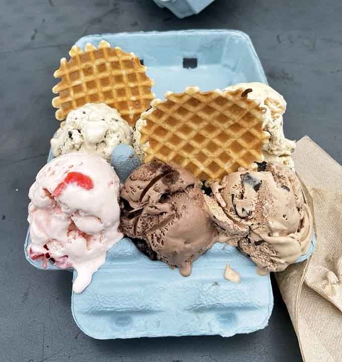 Scoops of strawberry, chocolate, and more, served with waffle cookies, because Augusta's believes dessert should never be an afterthought.