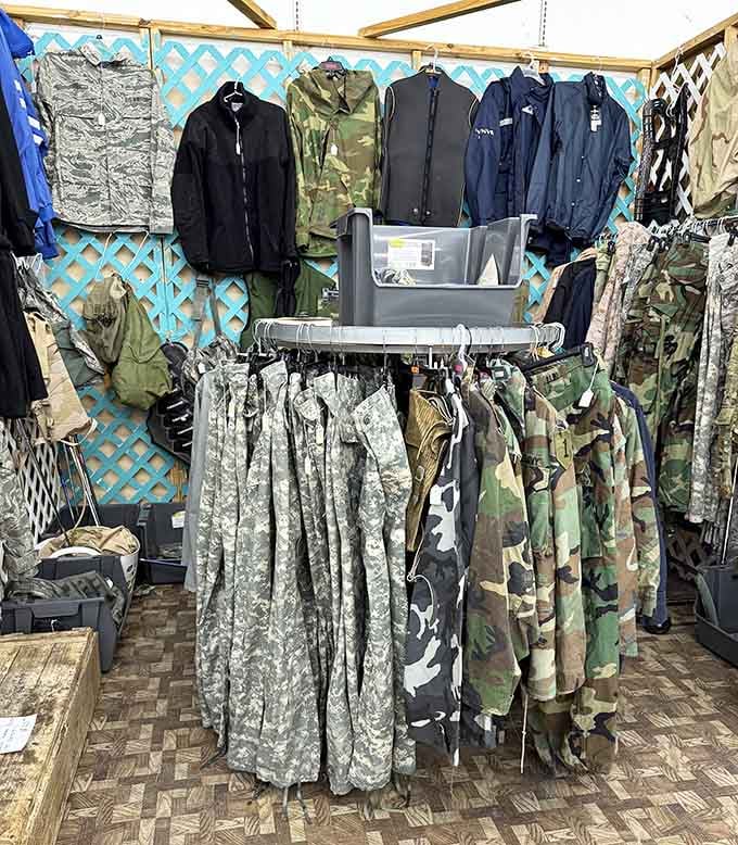 Military surplus gear lined up neatly, practical and rugged, for the person who means serious business outdoors.